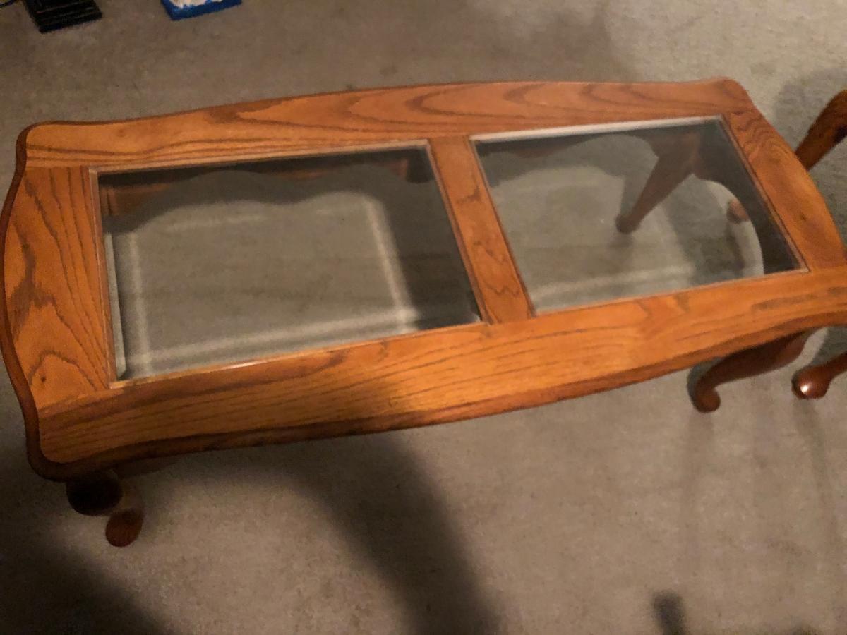 Oak coffee table with glass inserts | snaplist